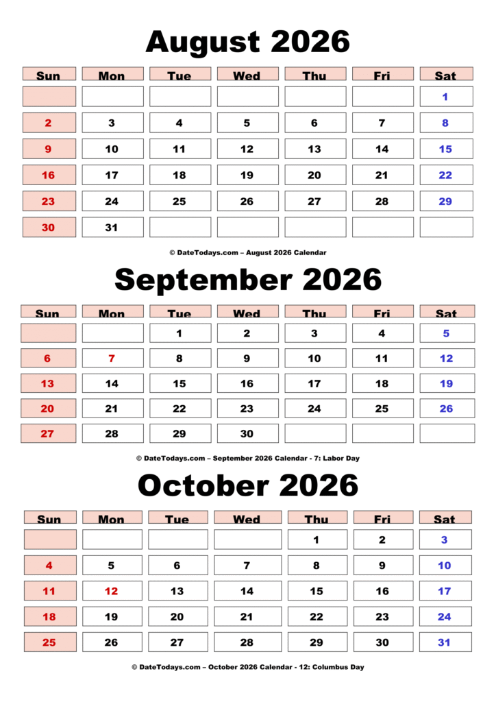 August September October 2026 Calendar - Date Today's
