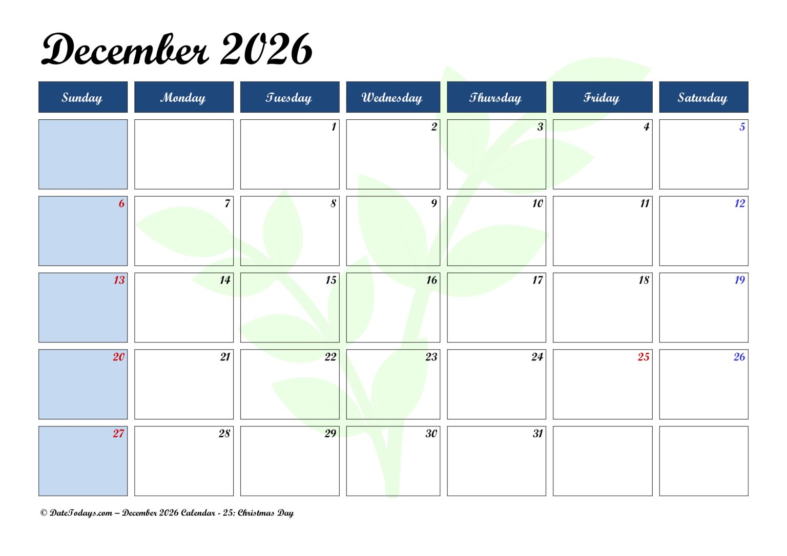 Printable December 2026 Calendar with Holidays