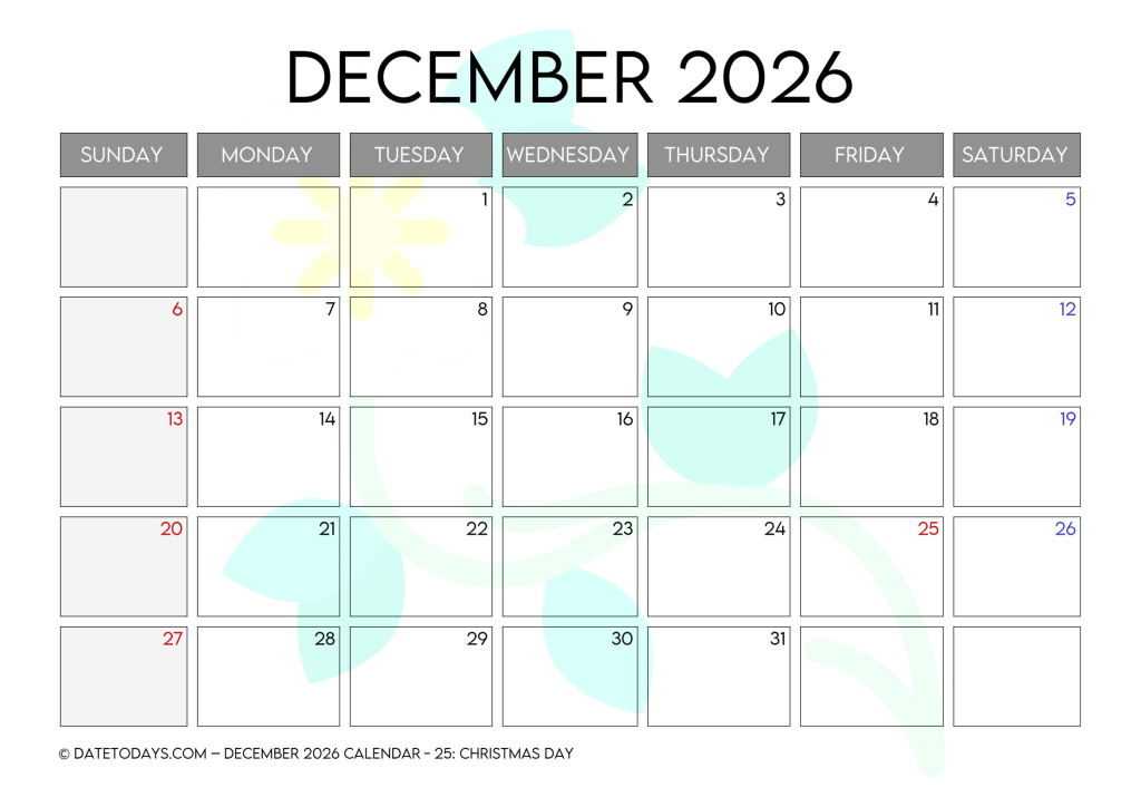 Printable December 2026 Calendar with Holidays
