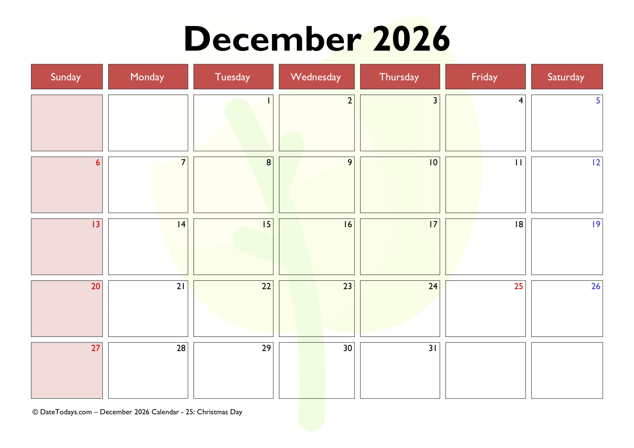Printable December 2026 Calendar with Holidays