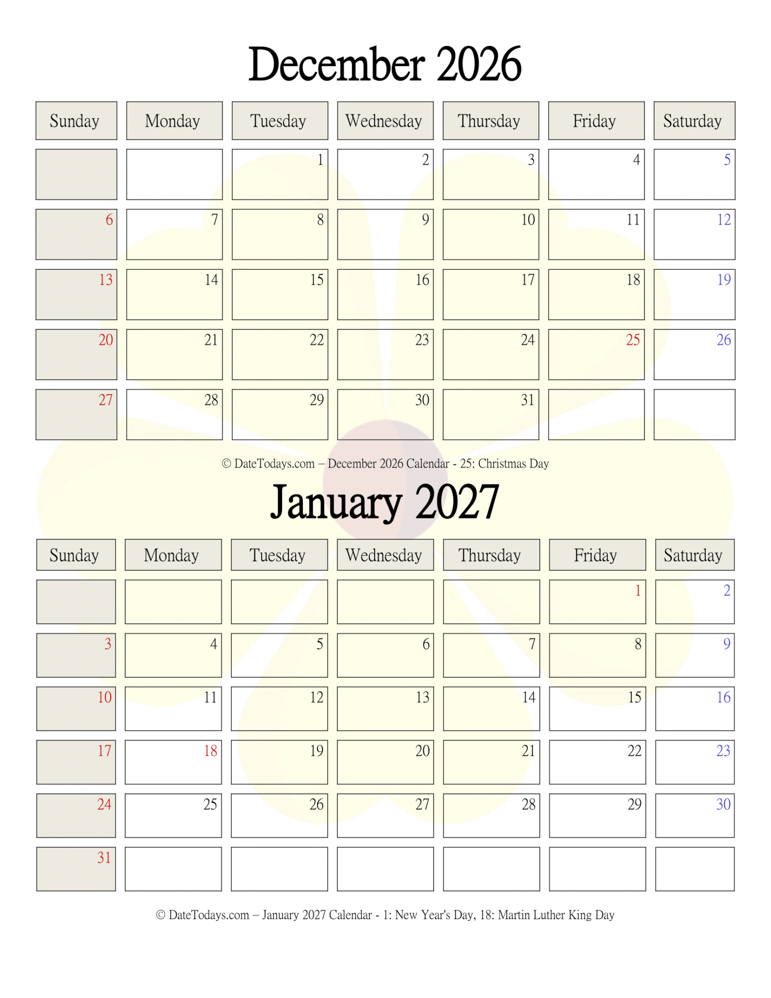 December 2026 January 2027 Calendar - Date Today's