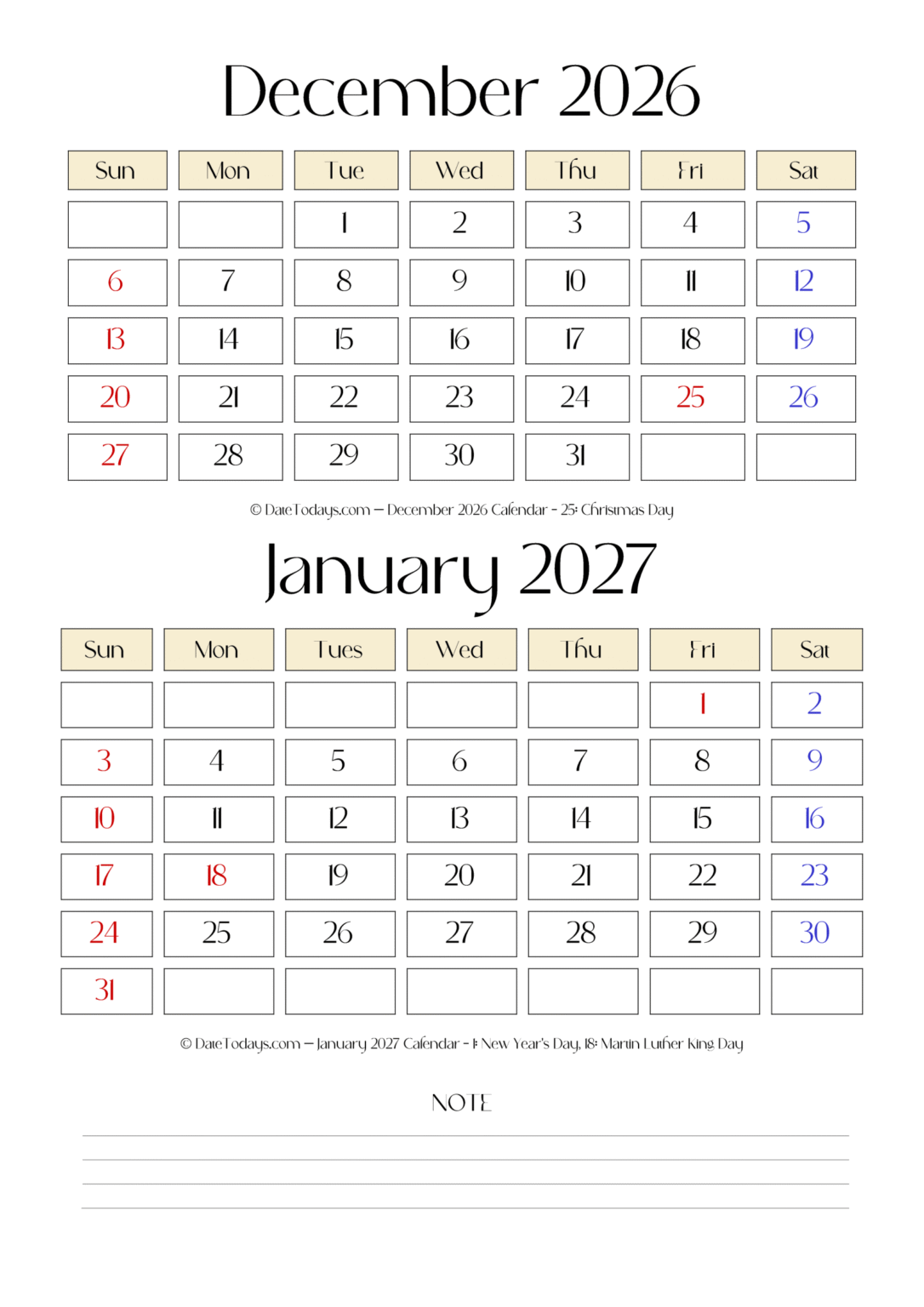 December 2026 January 2027 Calendar - Date Today's