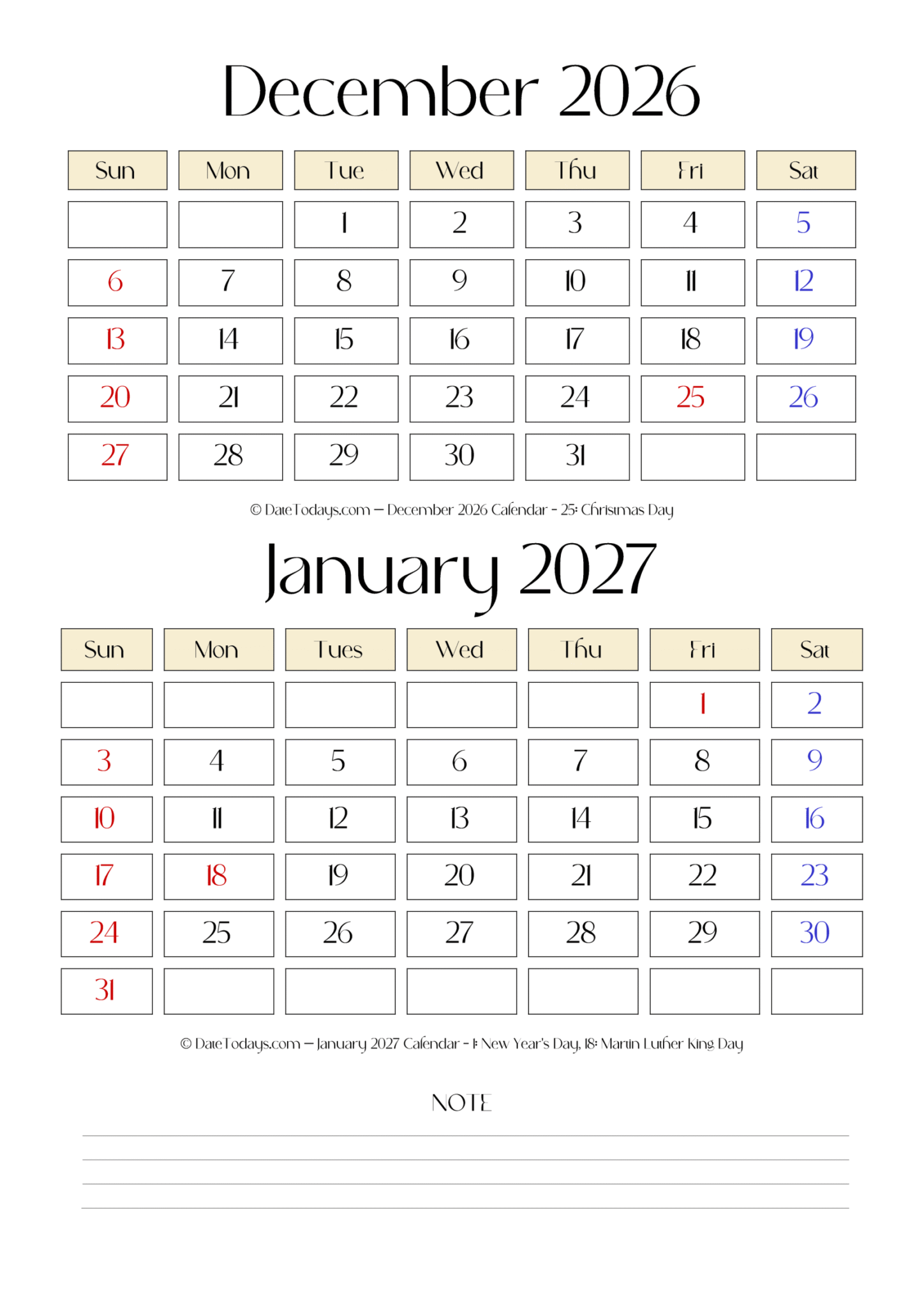 December 2026 January 2027 Calendar - Date Today's