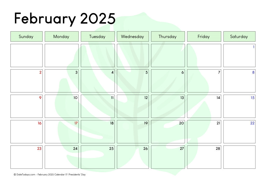 Printable February 2025 Calendar with US Federal Holidays