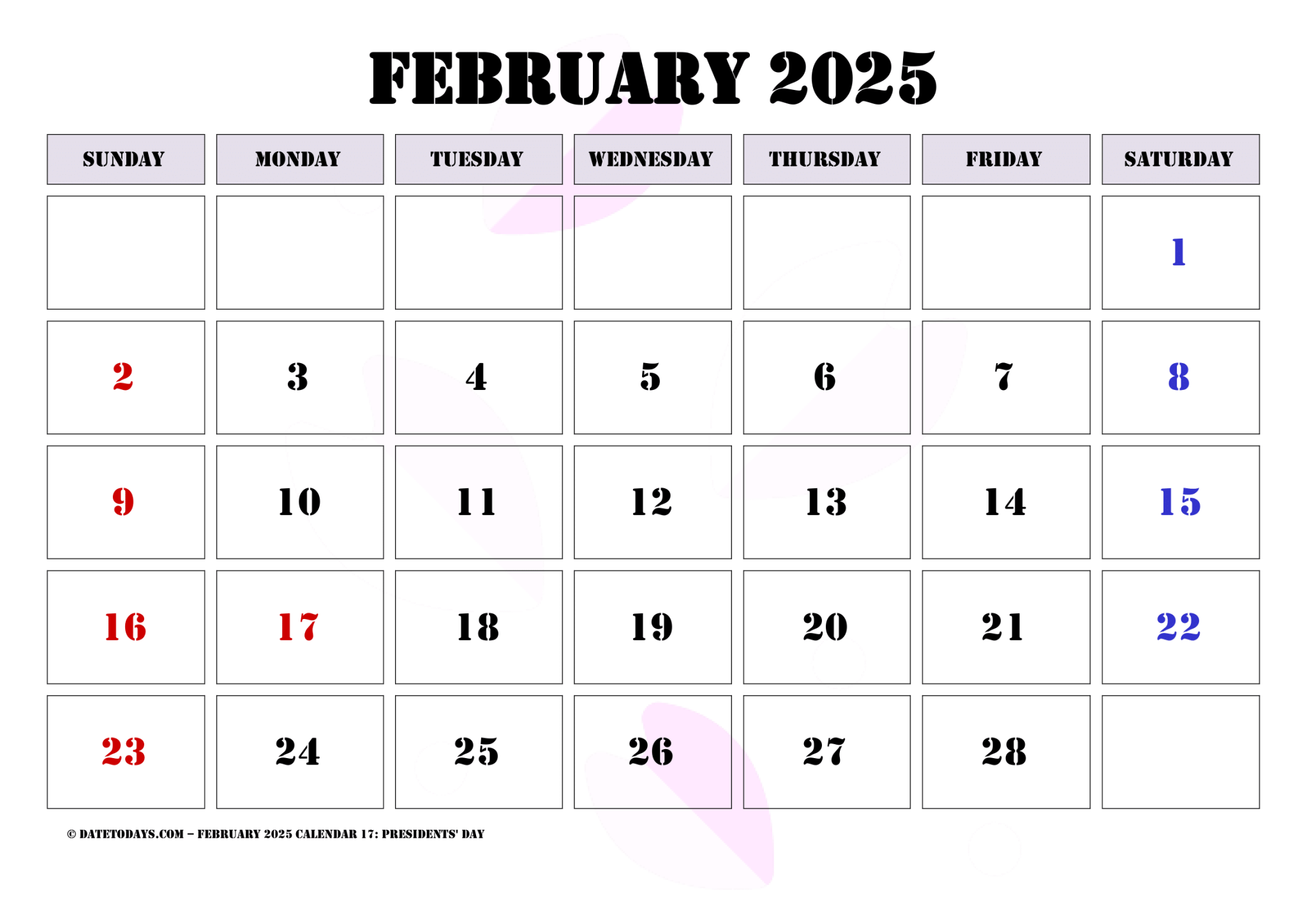 Printable February 2025 Calendar with US Federal Holidays