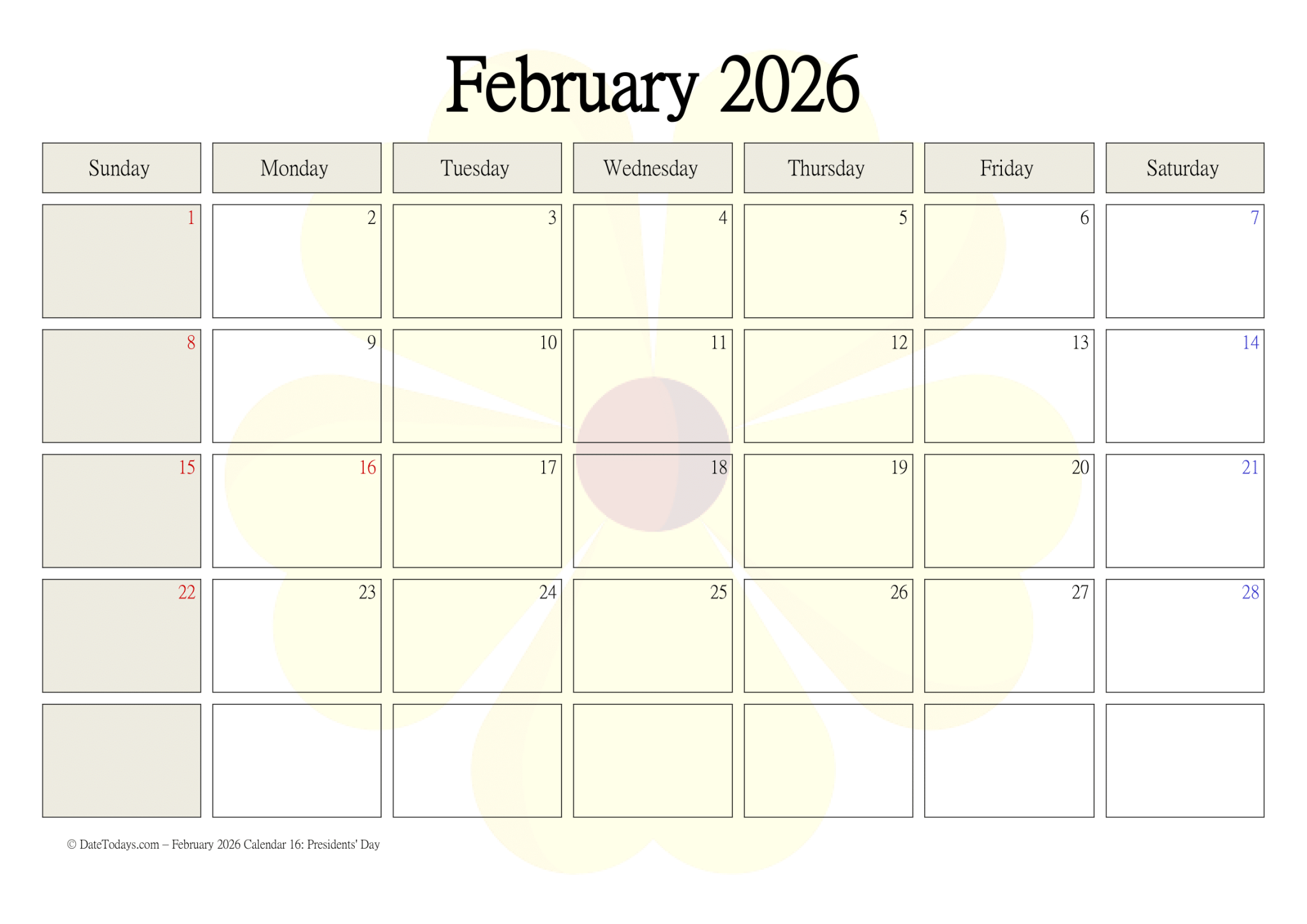 February 2026 Calendar with US Holidays - Printable PDF's