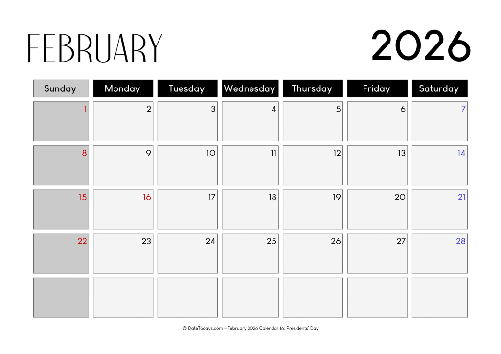 February 2026 Calendar with US Holidays - Printable PDF's