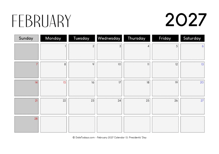 Printable February 2027 Calendar with Holidays
