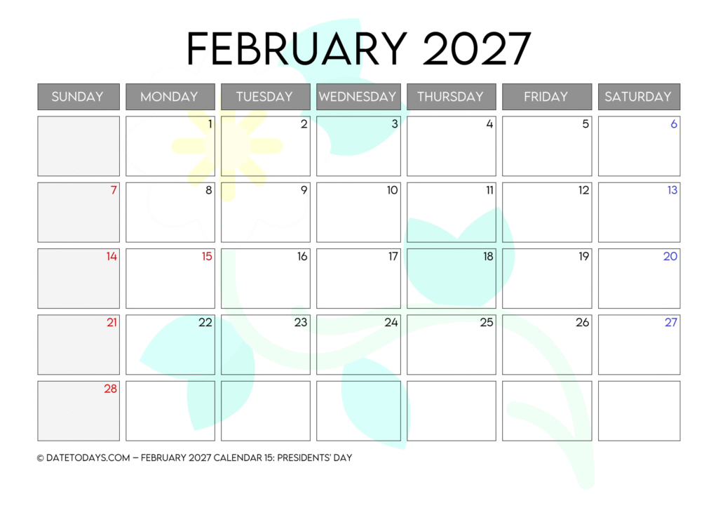 Printable February 2027 Calendar with Holidays