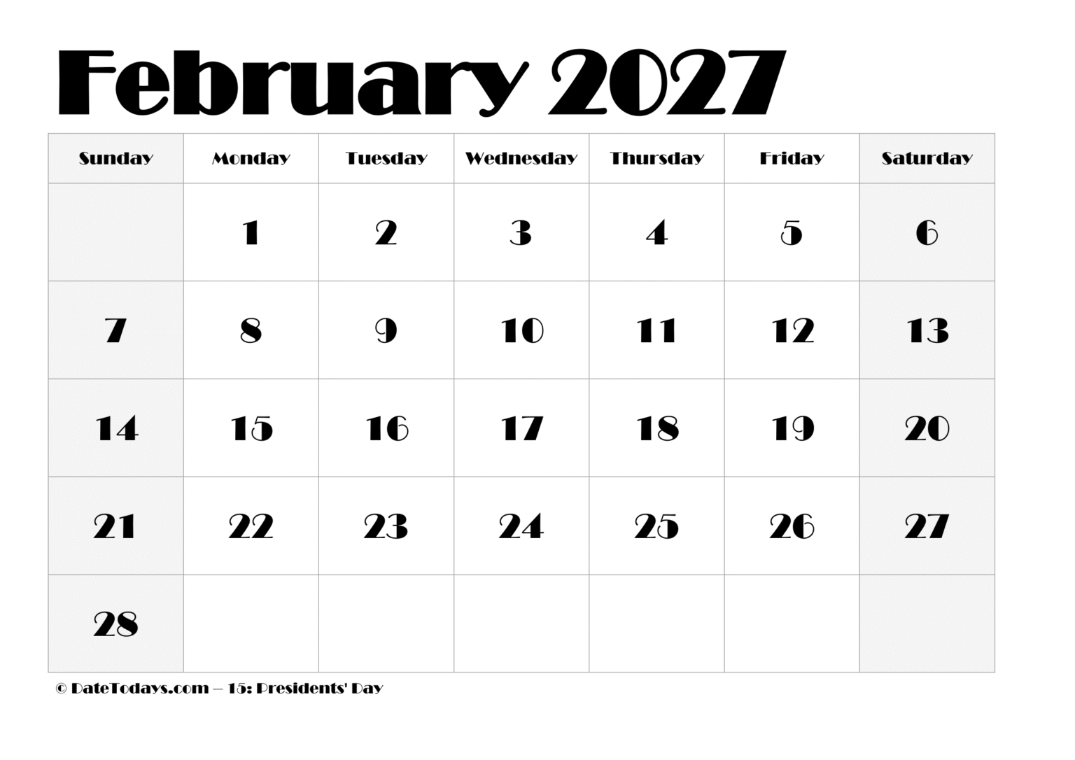 Printable February 2027 Calendar with Holidays