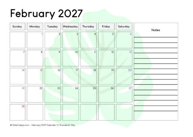 Printable February 2027 Calendar with Holidays
