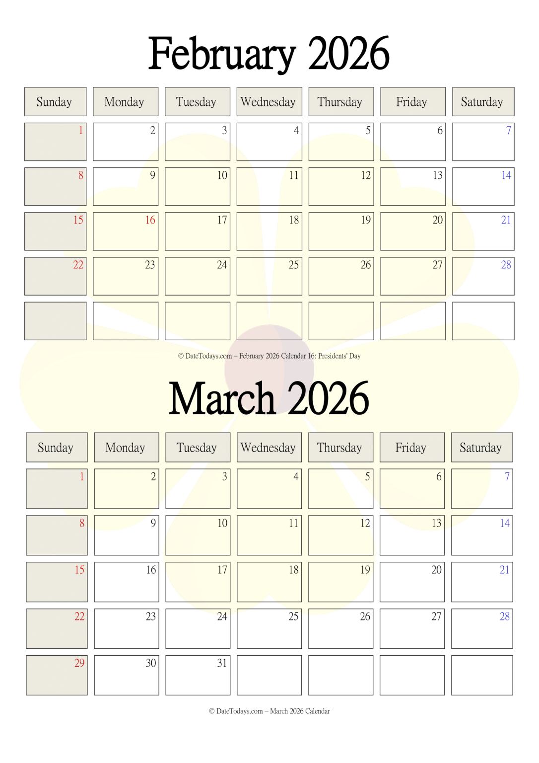 February March 2026 Calendar Printable PDF - 2 Month Calendar