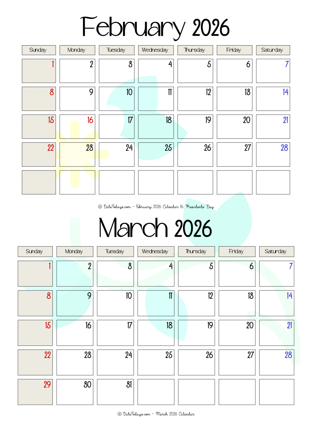 February March 2026 Calendar Printable PDF - 2 Month Calendar