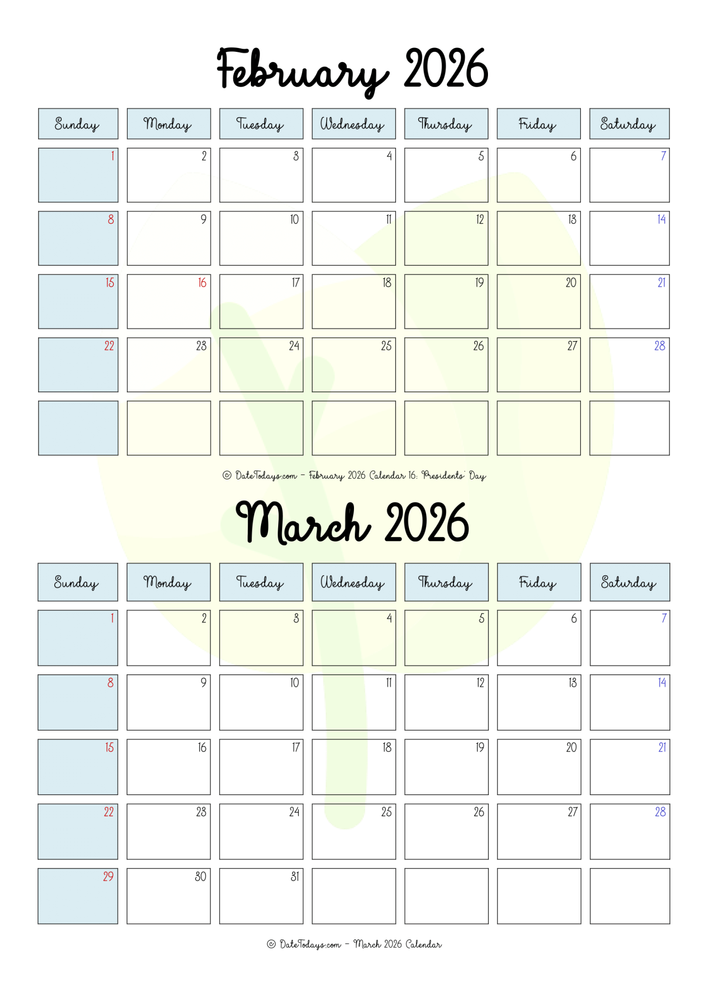 February March 2026 Calendar Printable PDF - 2 Month Calendar