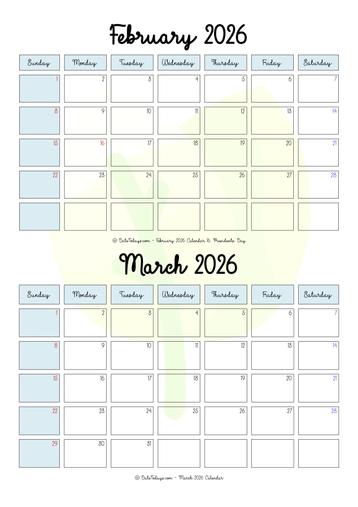 February March 2026 Calendar Printable PDF - 2 Month Calendar