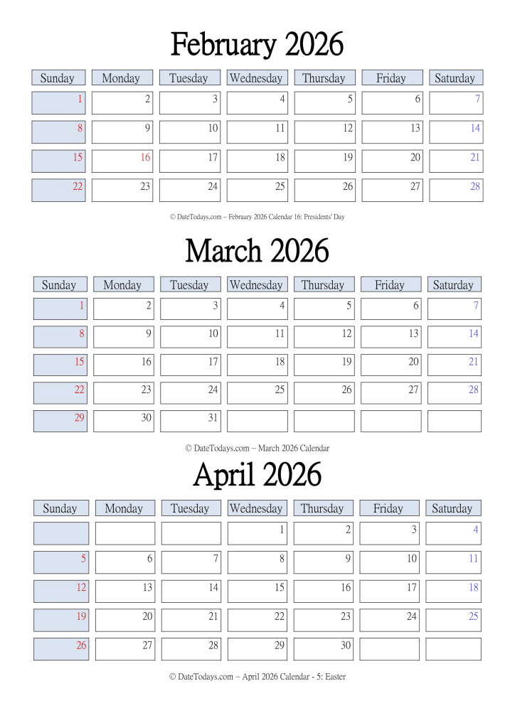 February March April 2026 Calendar Printable