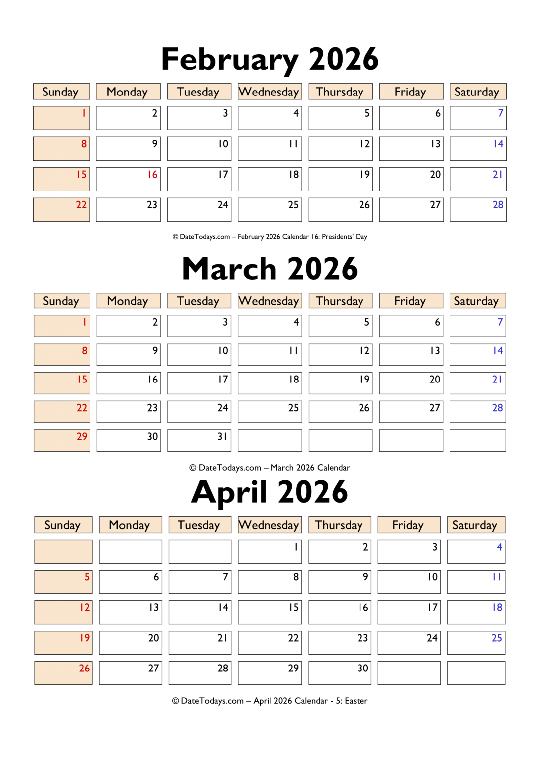 January February March 2026 Calendar Printable