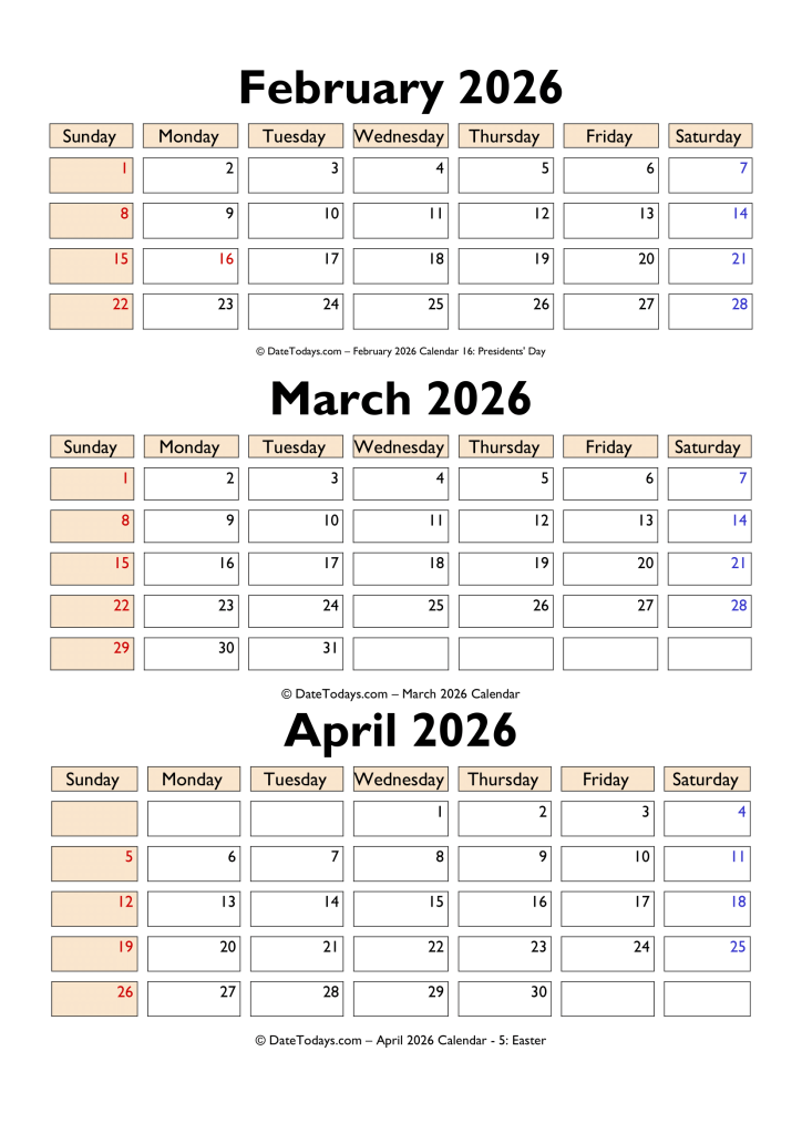 February March April 2026 Calendar Printable