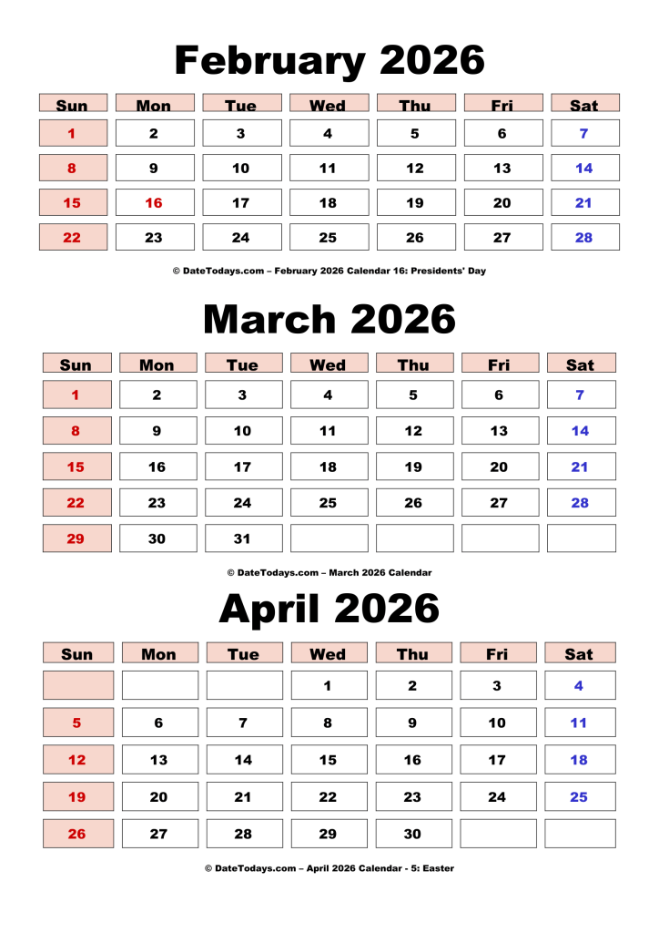 February March April 2026 Calendar Printable