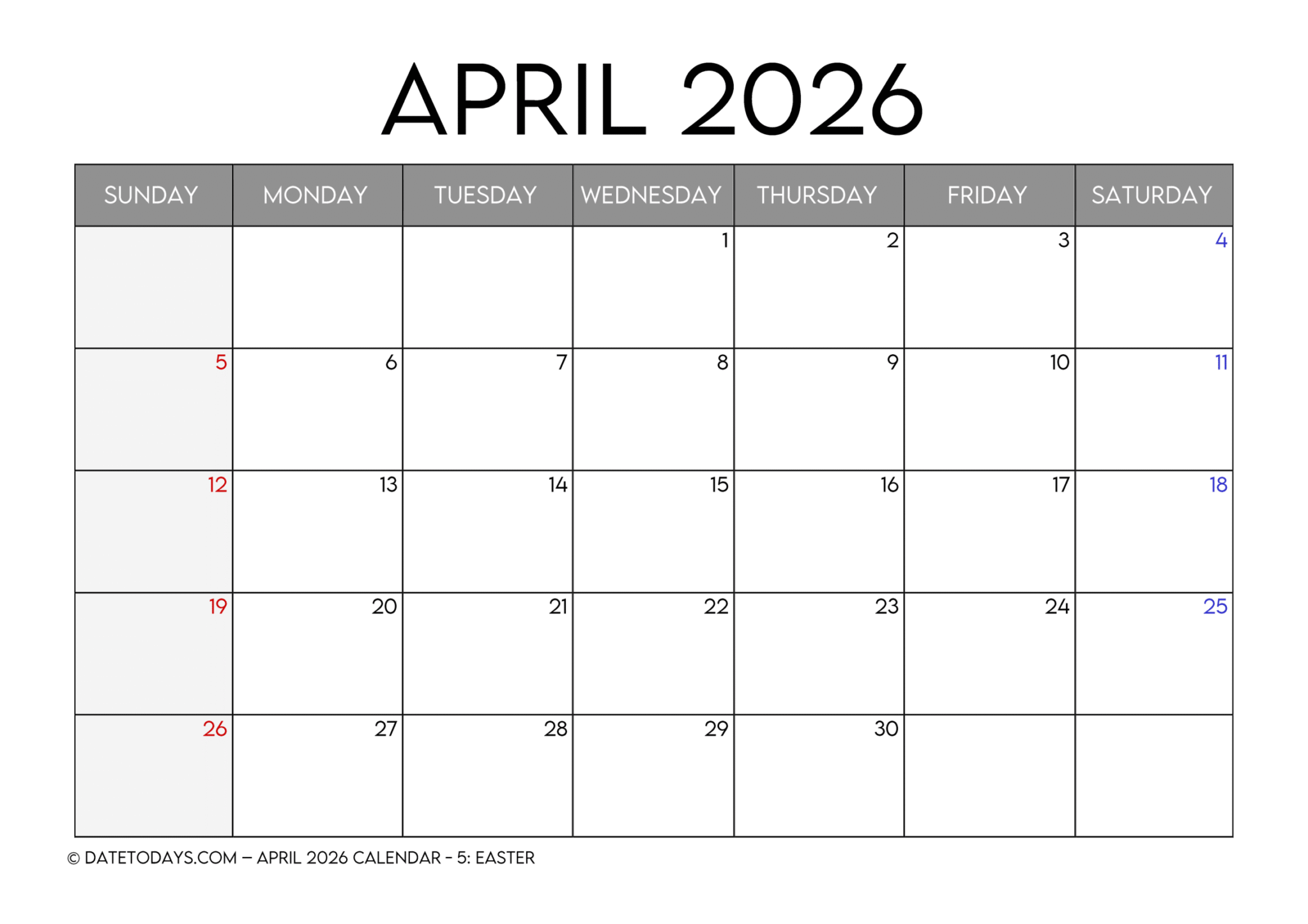 Printable April 2026 Calendar with Holidays - Printable PDF