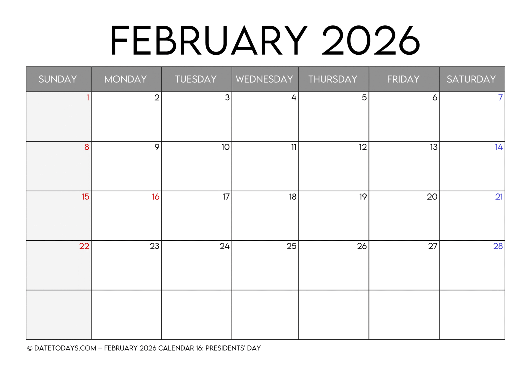 February 2026 Calendar with US Holidays - Printable PDF's