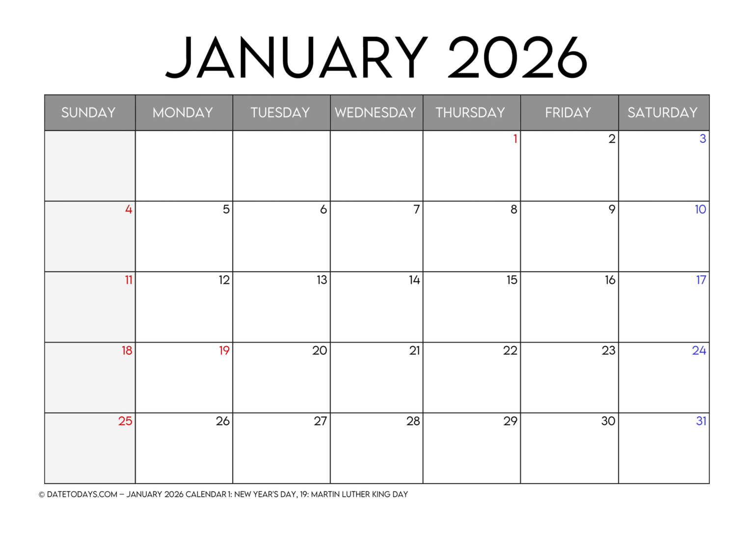 January 2026 Calendar Printable PDF with Holidays