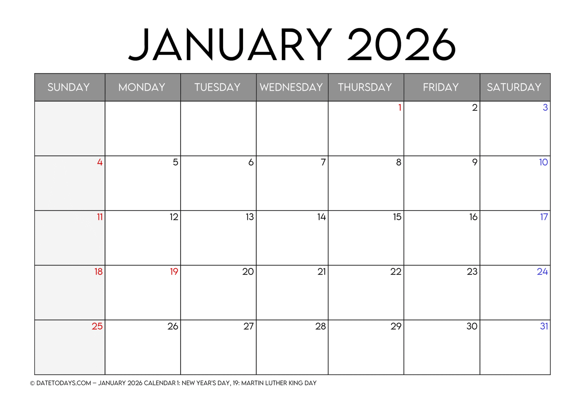 January 2026 Calendar Printable PDF with Holidays