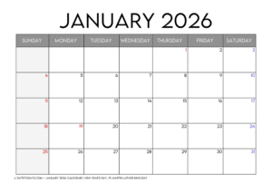 January 2026 Calendar Printable PDF with Holidays
