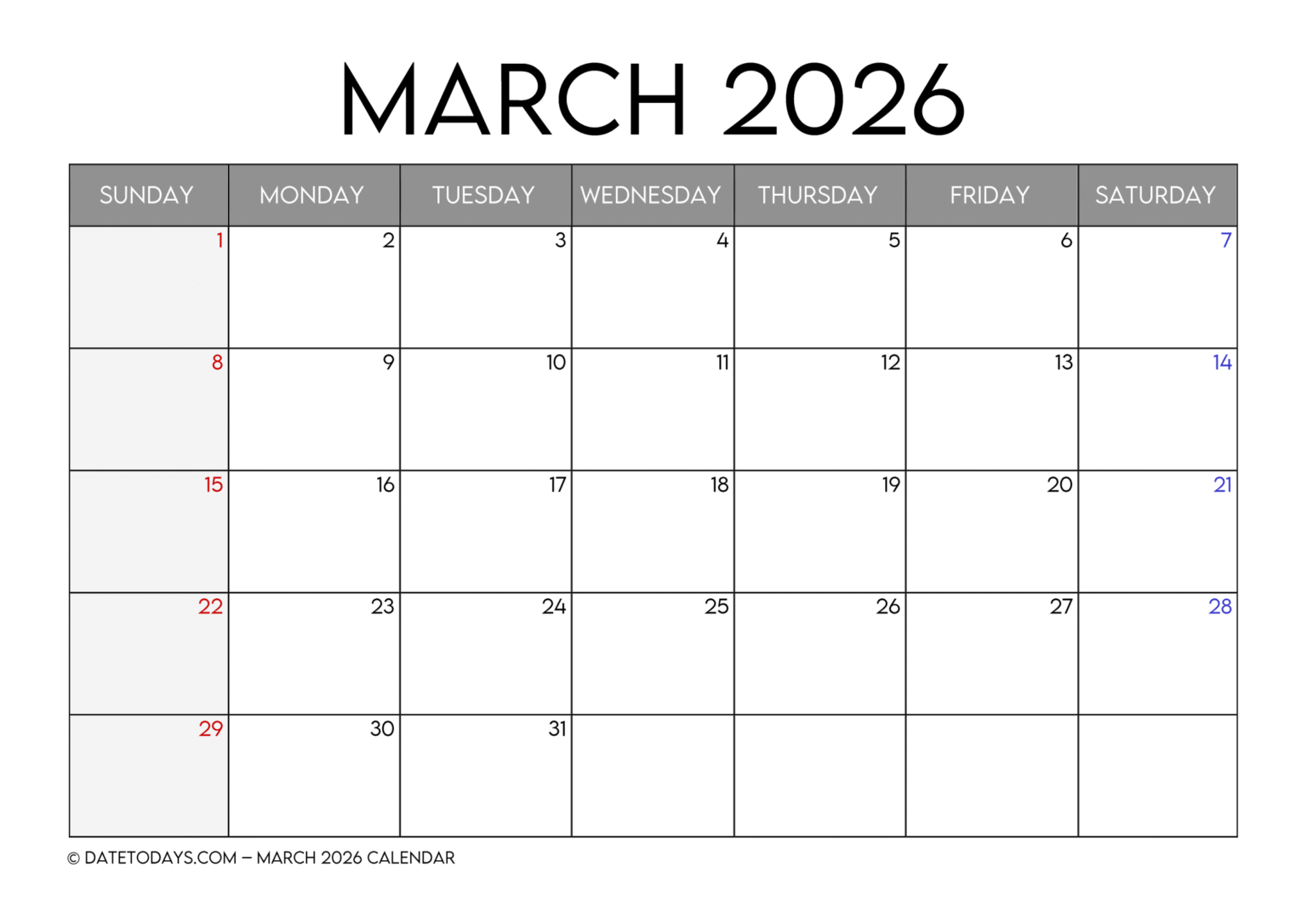 Free March 2026 Calendar Printable PDF with US Holidays