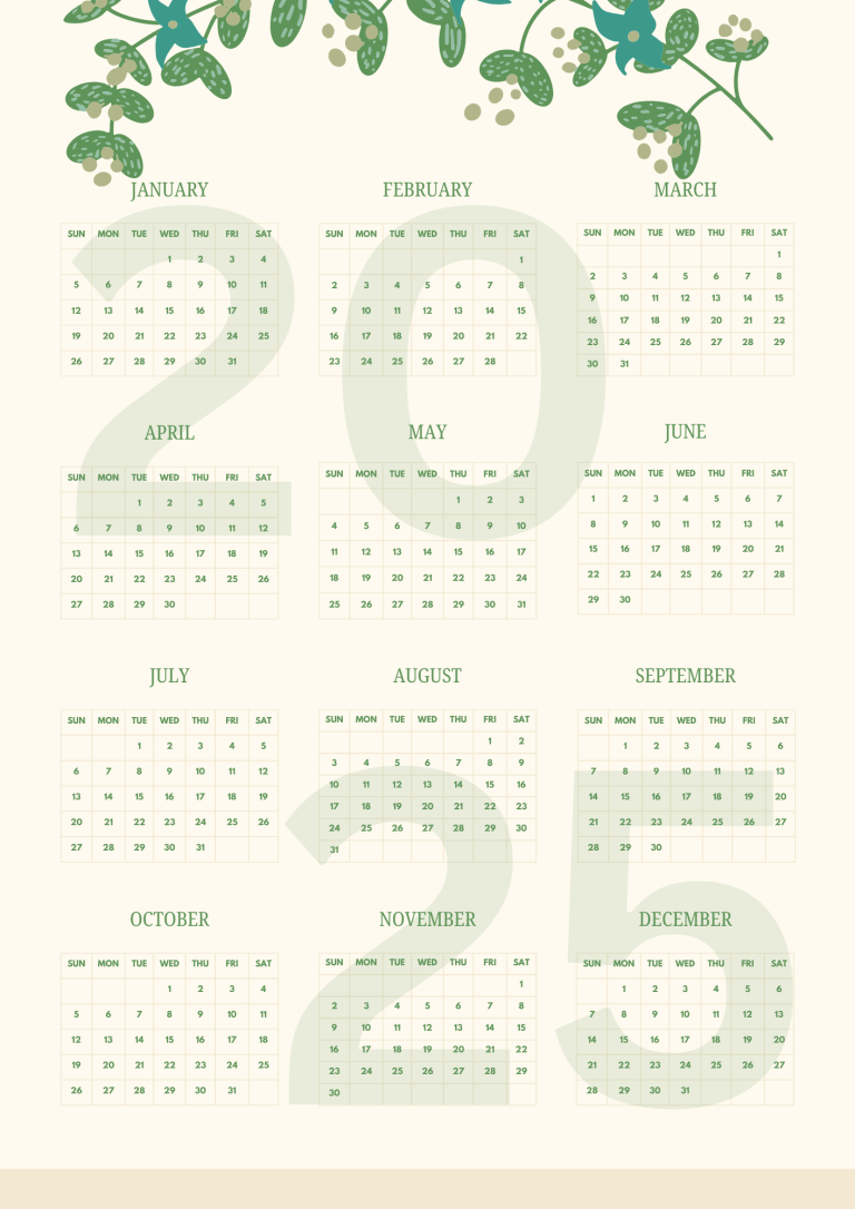 Printable 2025 Calendar with Holidays (12 month on one page)