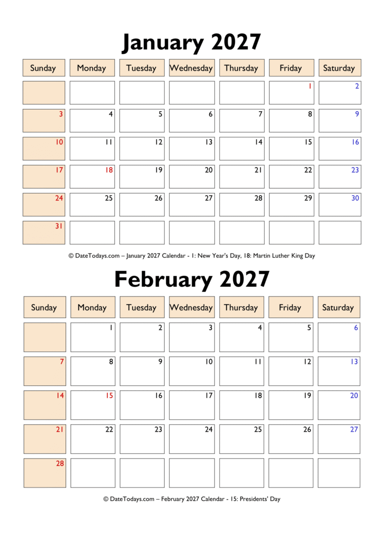January February 2027 Calendar Printable
