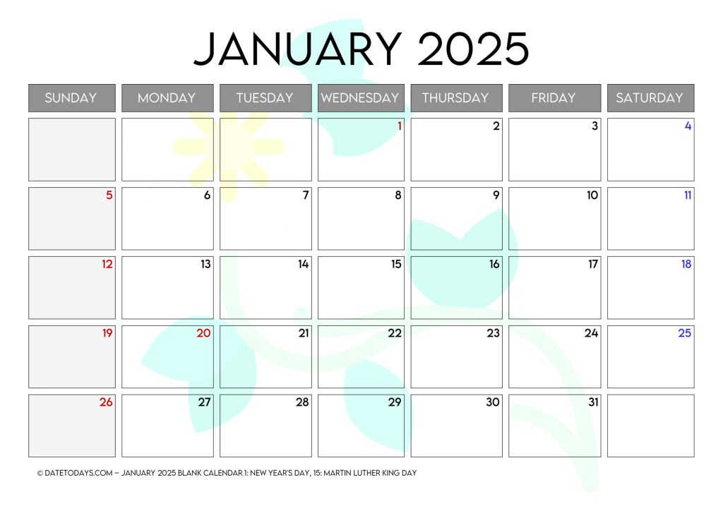 Printable January 2025 Calendar with Holidays PDF