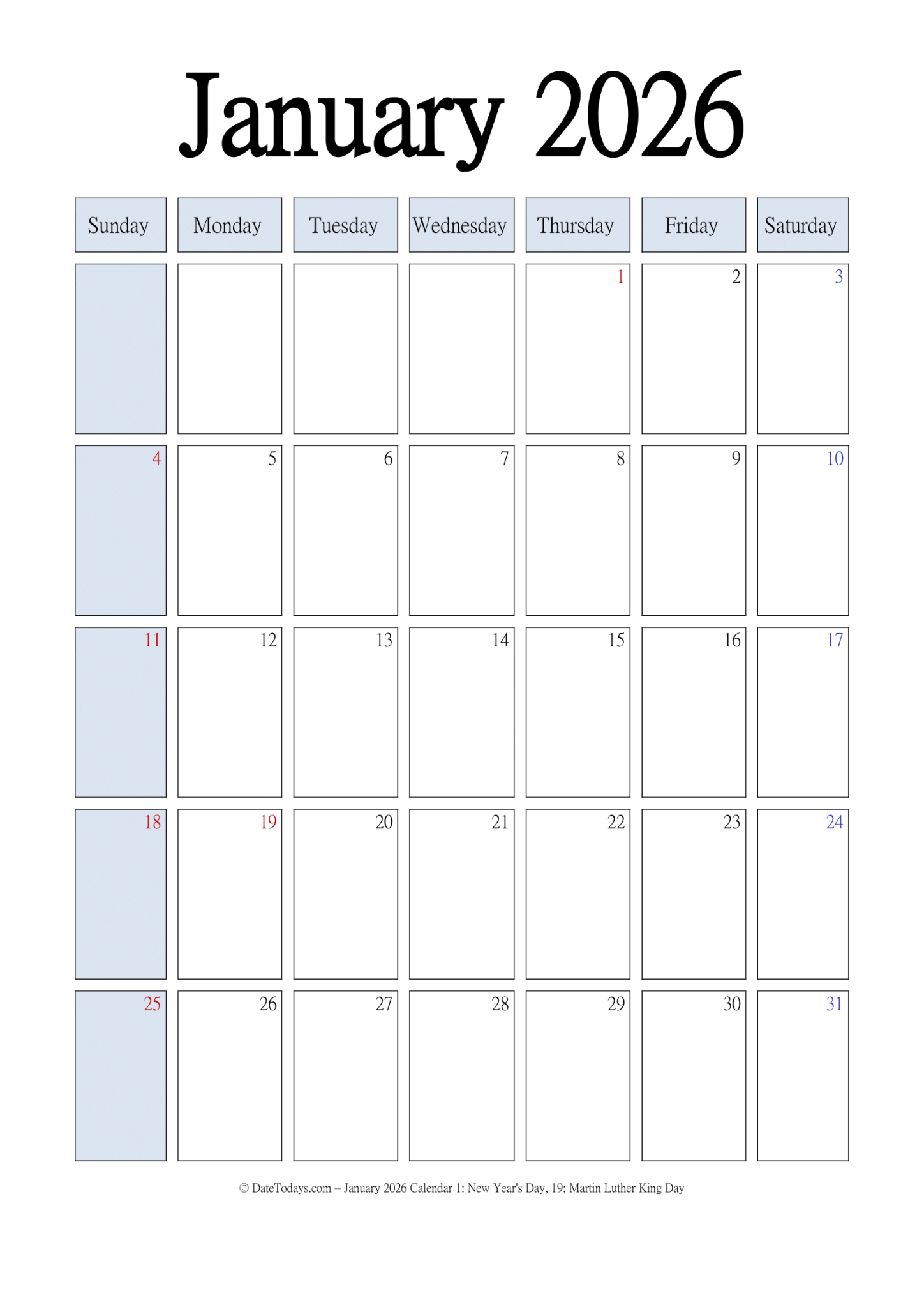January 2026 Calendar Printable PDF with Holidays