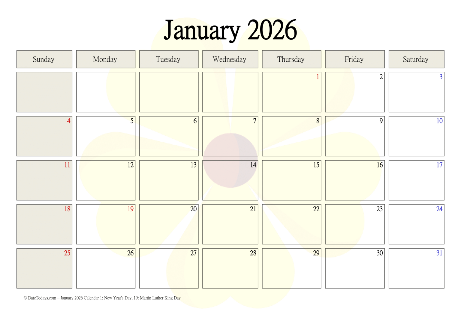 January 2026 Calendar Printable PDF with Holidays