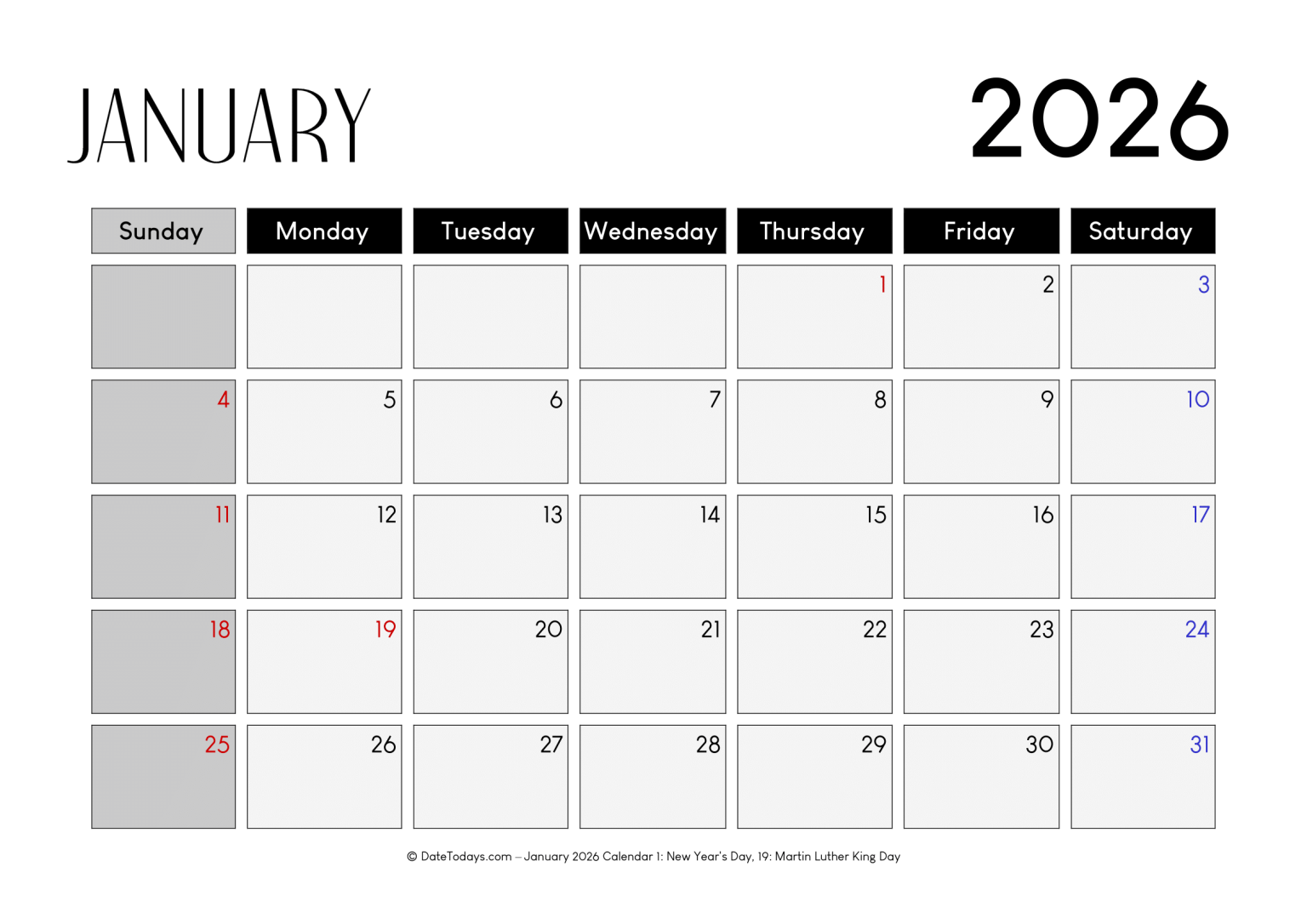 January 2026 Calendar Printable PDF with Holidays