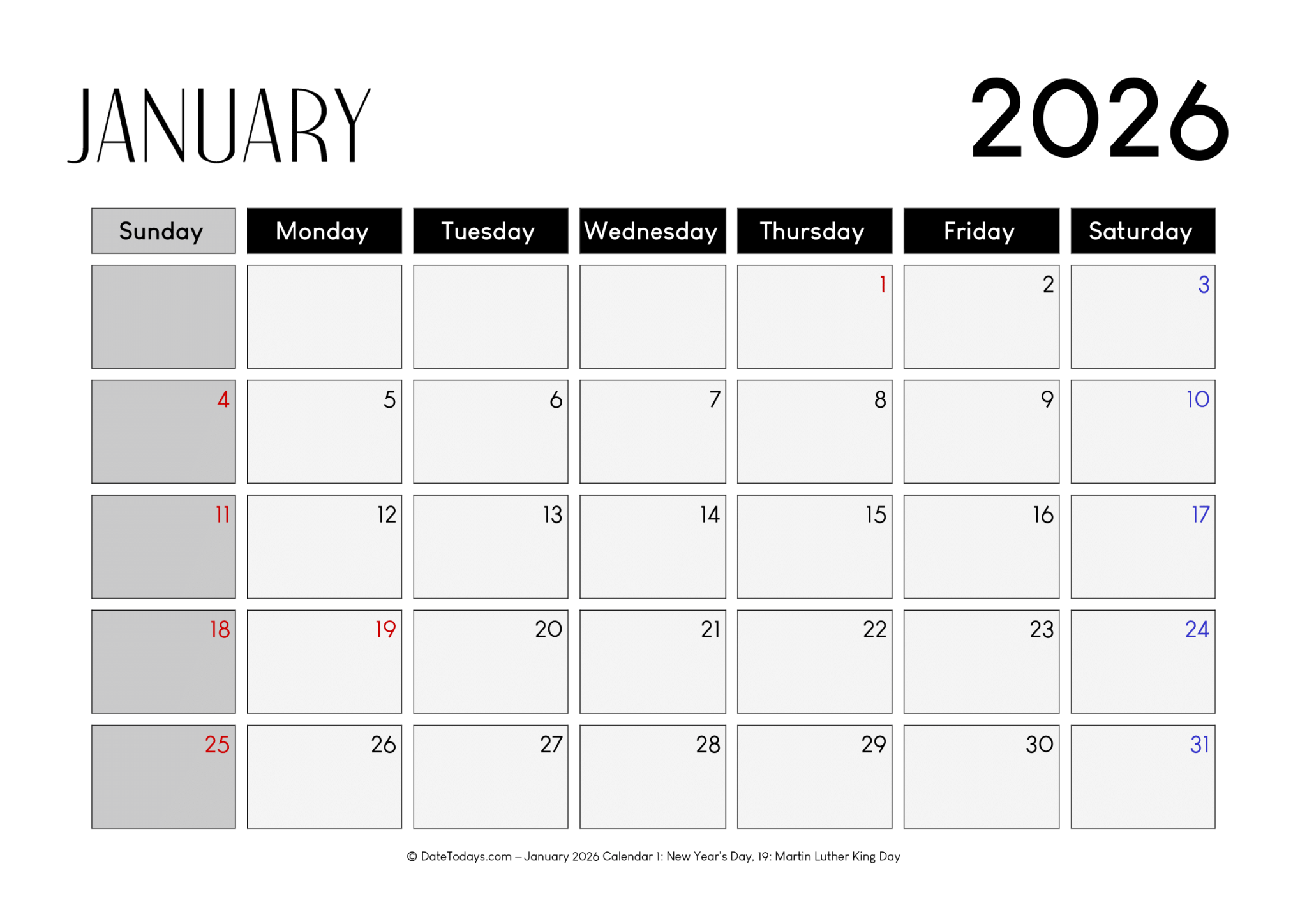 January 2026 Calendar Printable PDF with Holidays