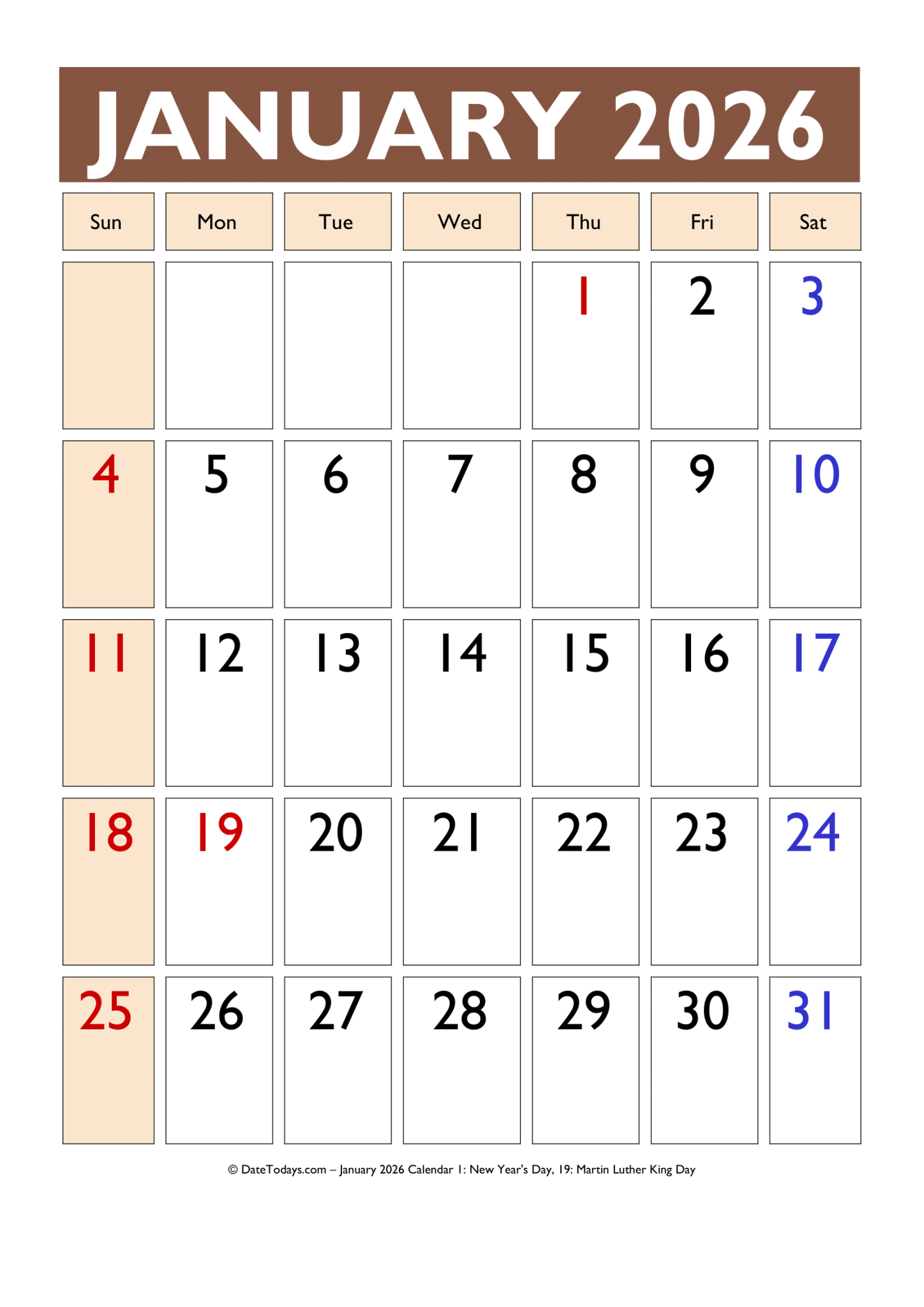 January 2026 Calendar Printable PDF with Holidays