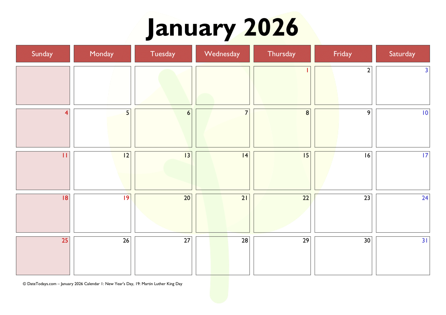 January 2026 Calendar Printable PDF with Holidays