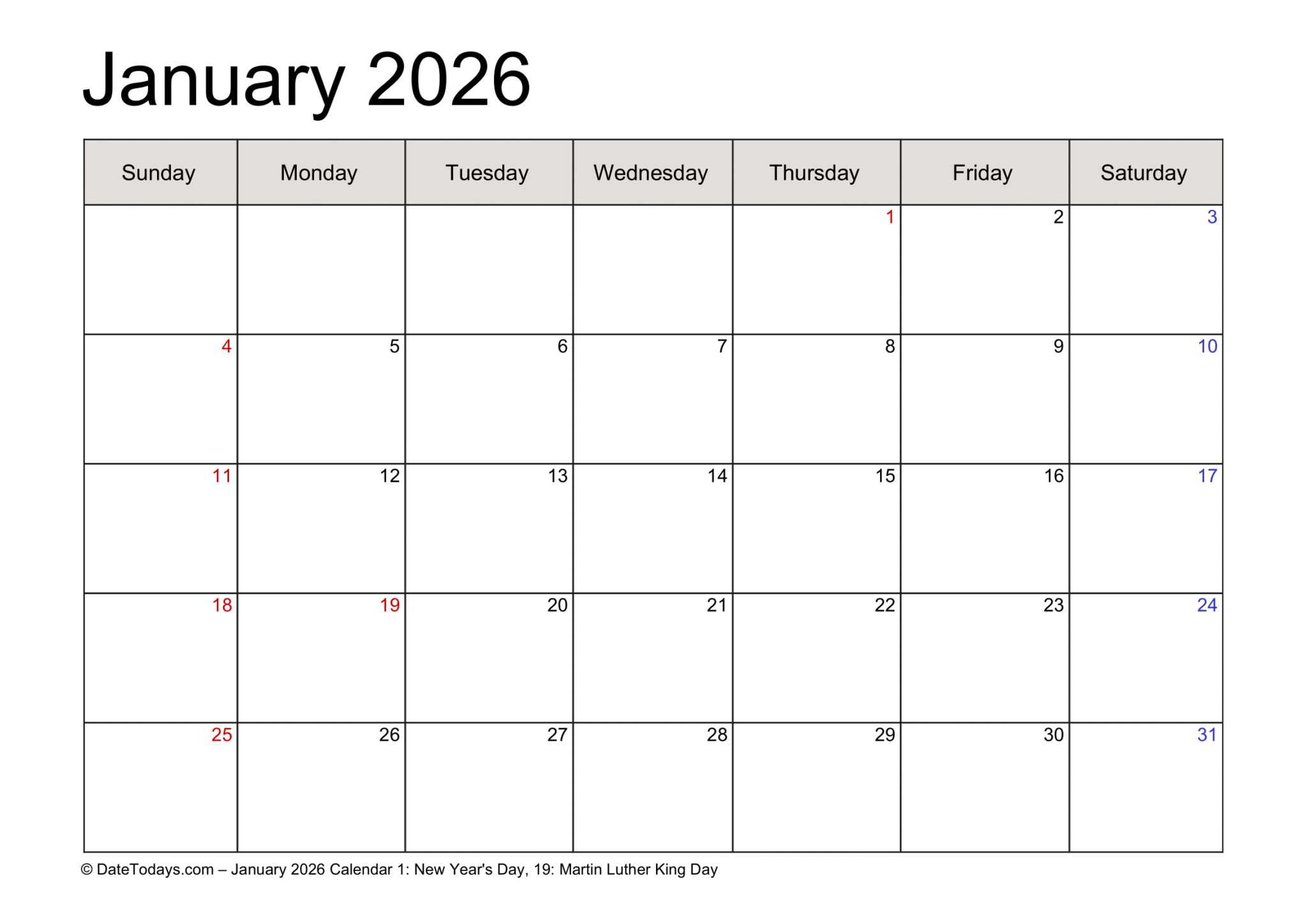 January 2026 Calendar Printable PDF with Holidays