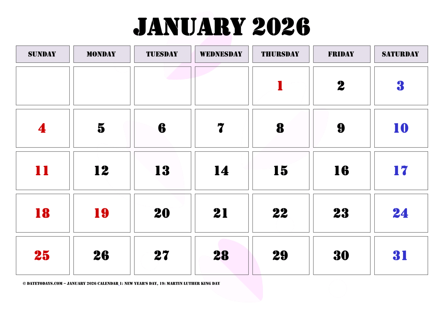 January 2026 Calendar Printable PDF with Holidays