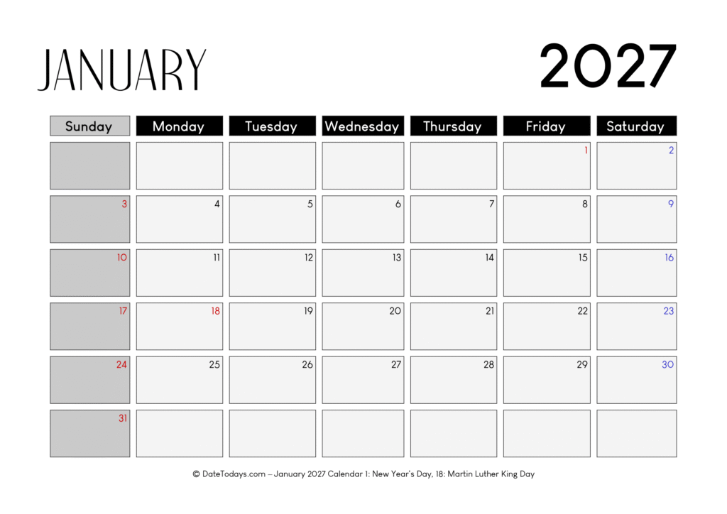 Printable January 2027 Calendar with Holidays