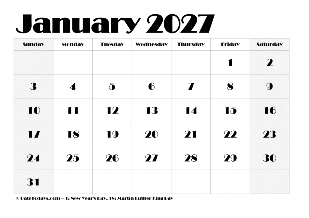 Printable January 2027 Calendar with Holidays