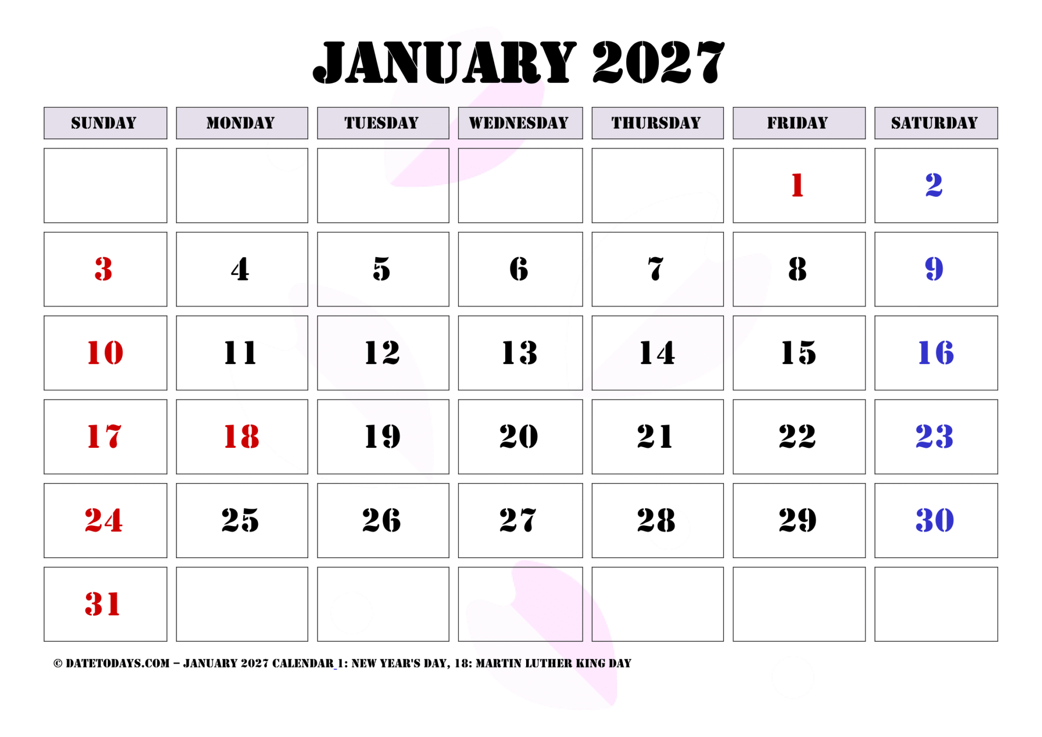 Printable January 2027 Calendar with Holidays