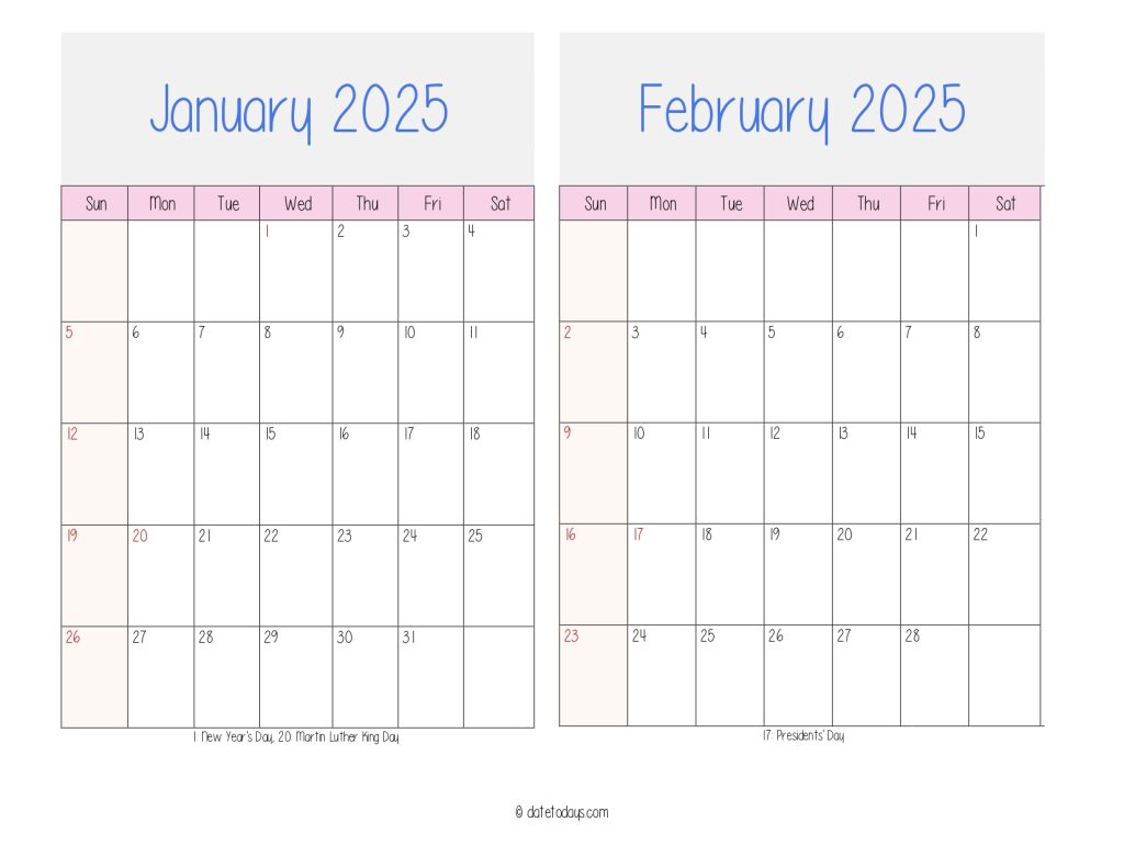 January February 2025 Calendar - 2 Month Printable PDF
