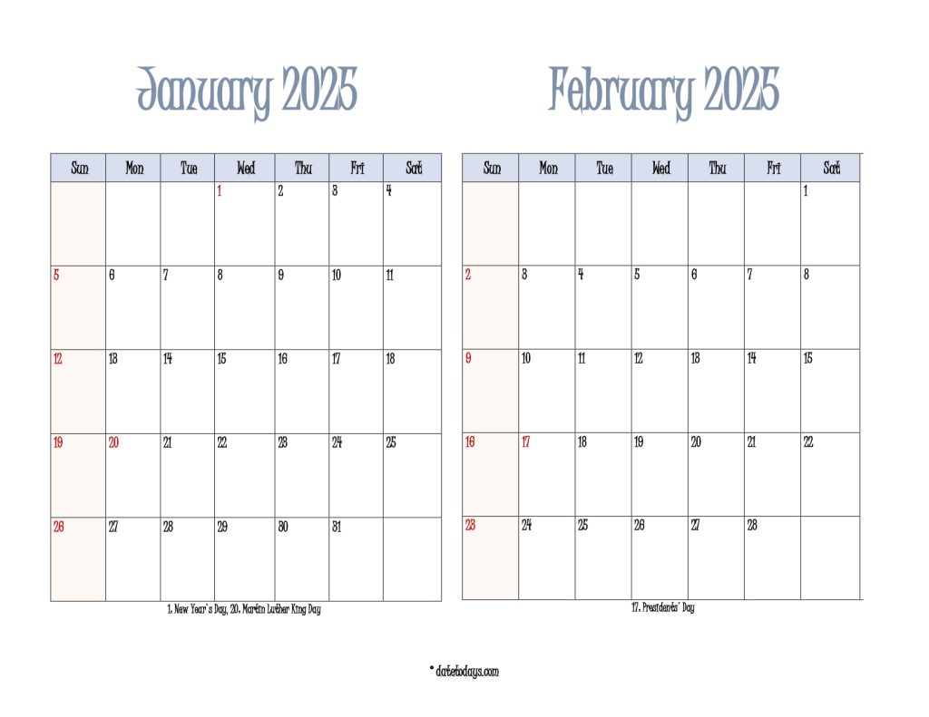 January February 2025 Calendar - 2 Month Printable PDF