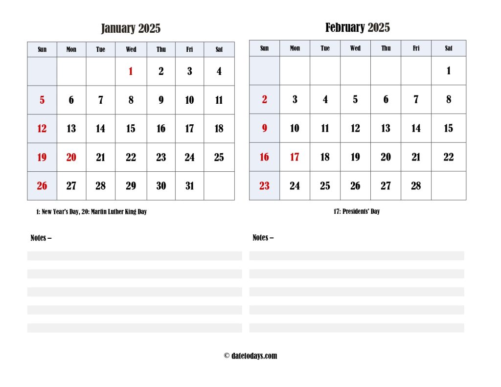 January February 2025 Calendar - 2 Month Printable PDF