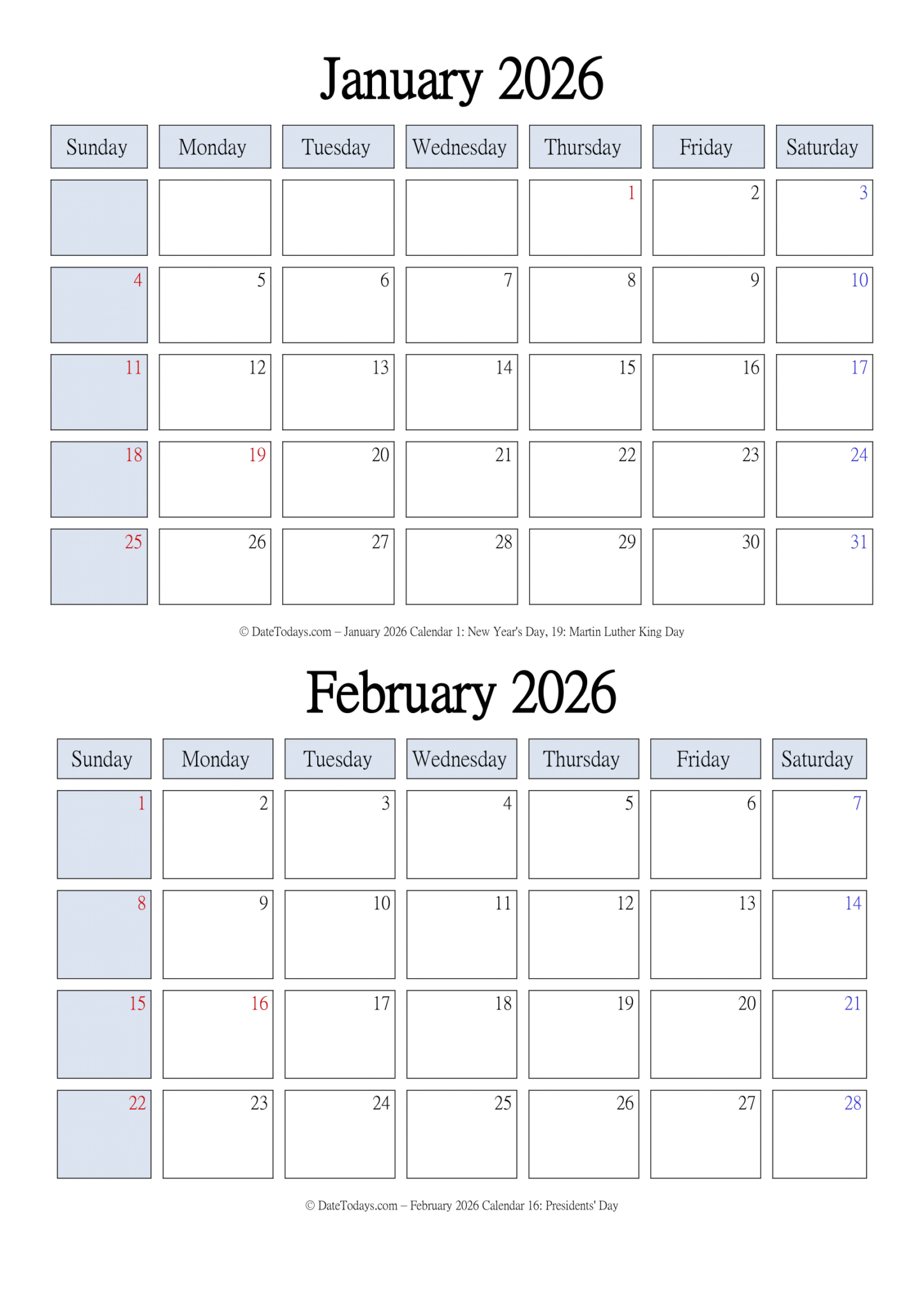 January February 2026 Calendar Printable PDF - 2 Month Calendar