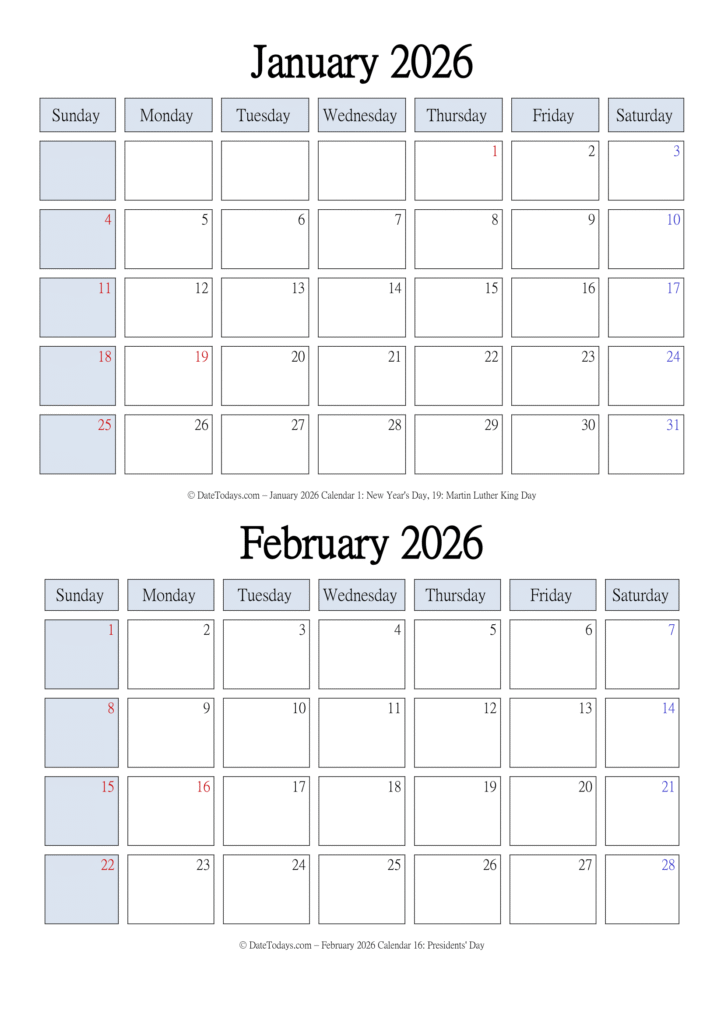 January February 2026 Calendar Printable PDF - 2 Month Calendar