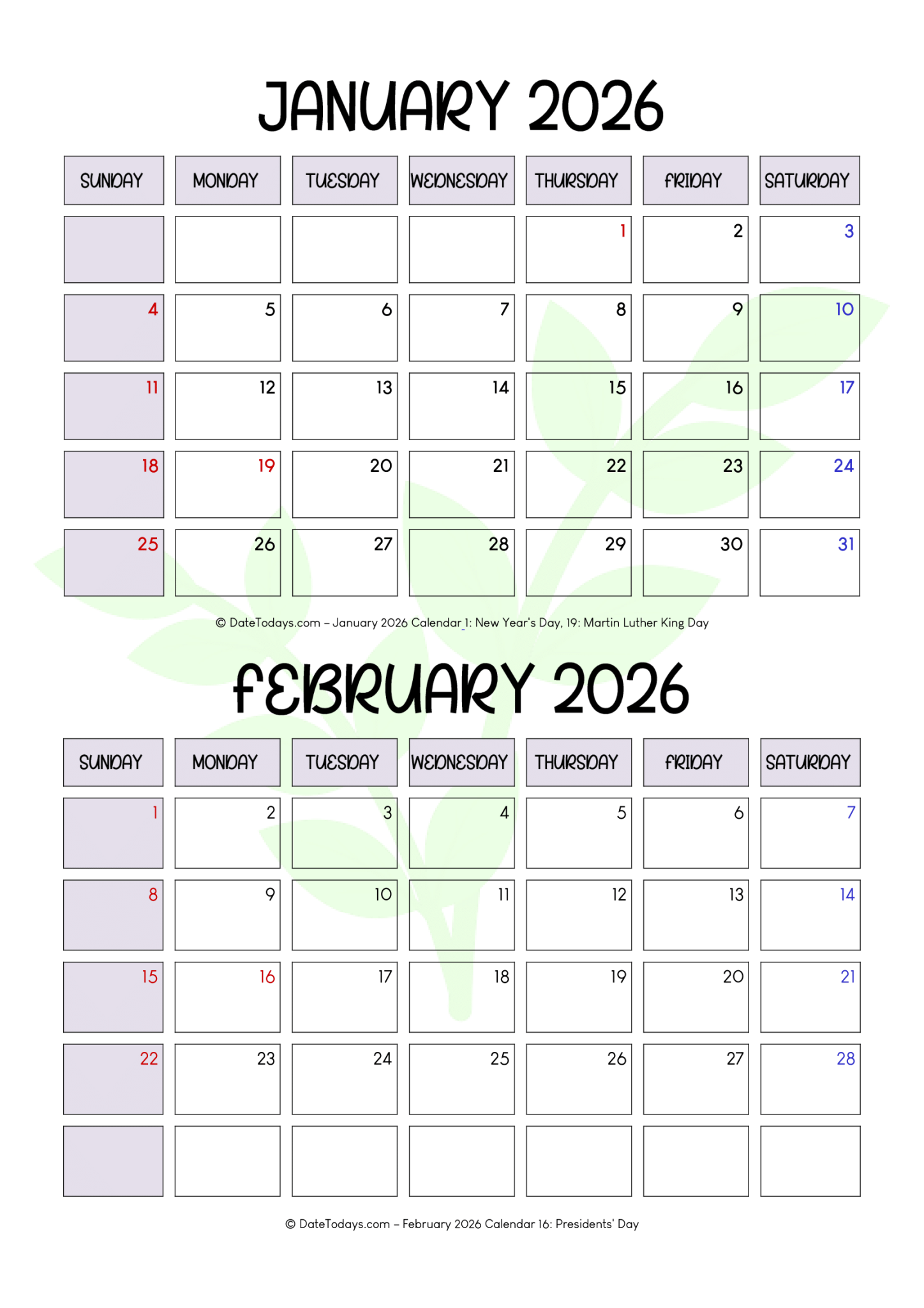 January February 2026 Calendar Printable PDF - 2 Month Calendar