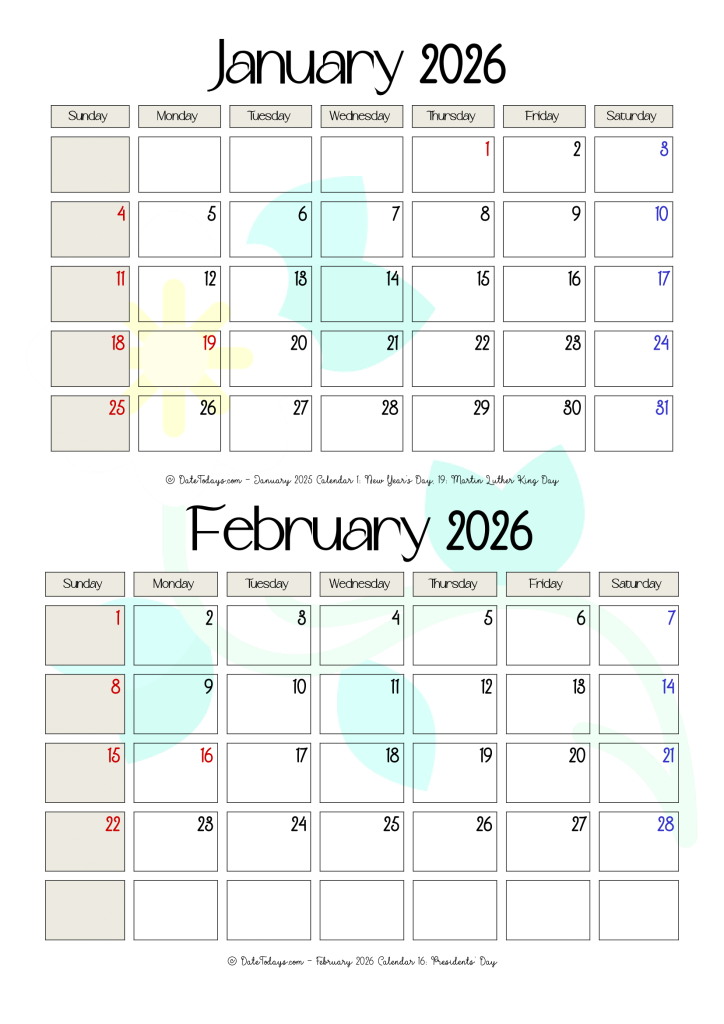 January February 2026 Calendar Printable PDF - 2 Month Calendar